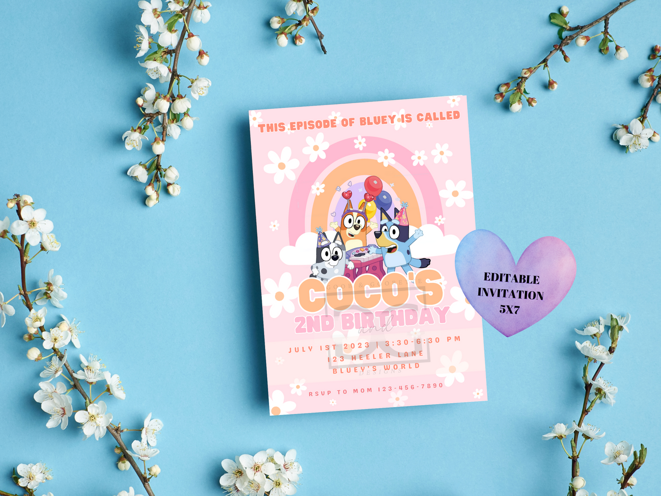 Digital Pink Daisy Bluey Birthday Party Invitation Template – Blissful ...