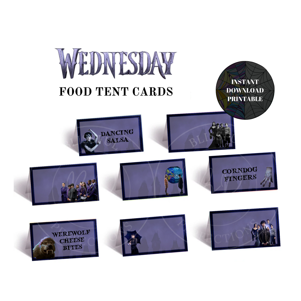 Wednesday Food Tents - Wednesday Addams Buffet Cards, Addams Family ...